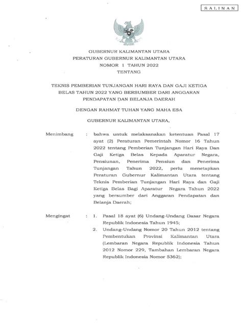 Peraturan Gubernur Kalimantan Utara Nomor 1 Tahun 2022 Pdf