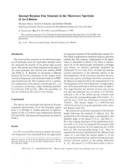 Pdf Internal Rotation Fine Structure In The Microwave Spectrum Of Cis 2 Butene