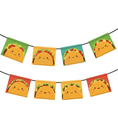 Cute Taco Party Banner With Kawaii Faces Stock Illustration