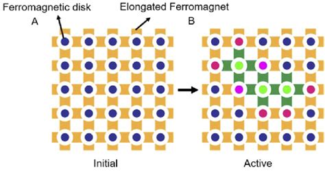 a array of ferromagnetic disks blue surrounded by elongated
