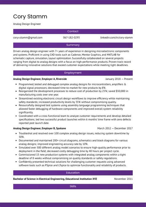 Analog Design Engineer Resume Cv Example And Writing Guide
