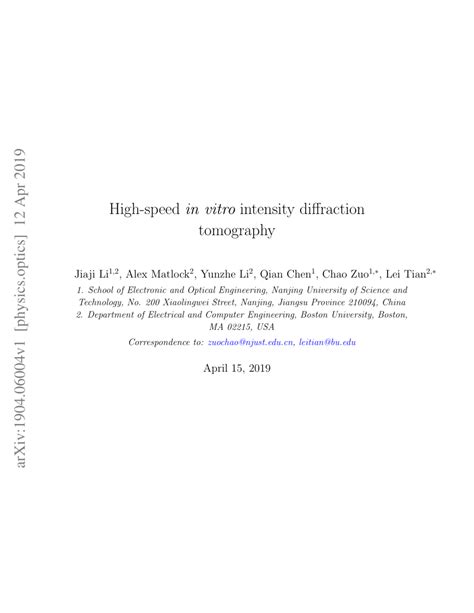 Pdf High Speed In Vitro Intensity Diffraction Tomography