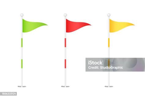 빨간색 녹색 및 노란색 골프 깃발이 배경에 고립되어 있습니다 삼각형 벡터 흔들리는 깃발 막대기 골프 코스의 깃발입니다 골프 깃발 벡터 일러스트 레이 션 거리가 먼에 대한