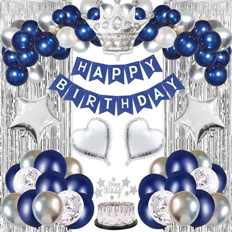 Decoraciones De Cumpleaños Para Hombres Azul Marino Plateado Kit De