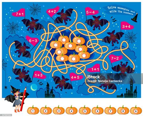 수학 할로윈 어린 아이들을 위한 미로로 덧셈과 뺄셈을 연습하세요 논리 퍼즐 게임 예를 풀고 숫자를 씁니다 어린이 학교 교과서에