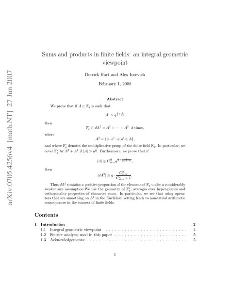 PDF Sums And Products In Finite Fields An Integral Geometric Viewpoint