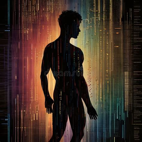 Image Of A Vibrant Cascade Of Colorful Binary Matrix Code Forming The Silhouette Of A