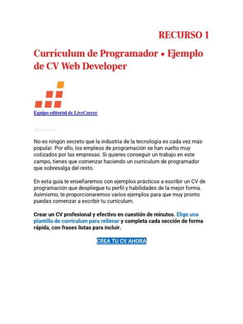 Recurso 1 Currículum Desarrollador Web Pdf Software De La Aplicacion Página Web