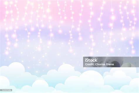 조명 화환이 있는 흐린 하늘 귀여운 파스텔 배경 배너 초대장 및 템플릿에 대한 마법의 푹신한 배경 만화 벡터 장면 공주에 대한 스톡 벡터 아트 및 기타 이미지 Istock