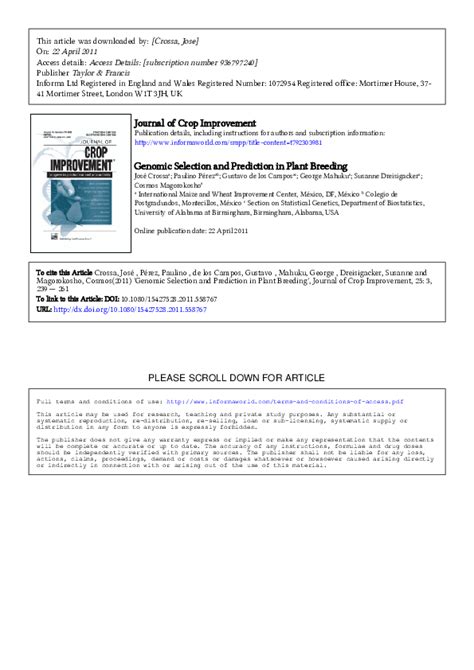 Pdf Journal Of Crop Improvement Genomic Selection And Prediction In