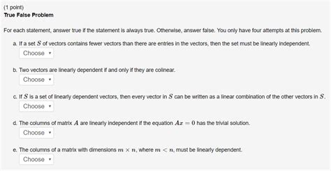 solved 1 point true false problem for each statement