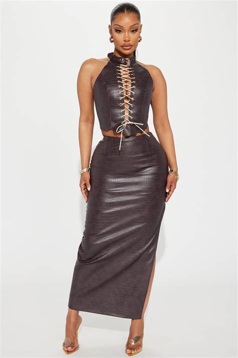 So Dramatic Faux Leather Skirt Set Brown Fashion Nova
