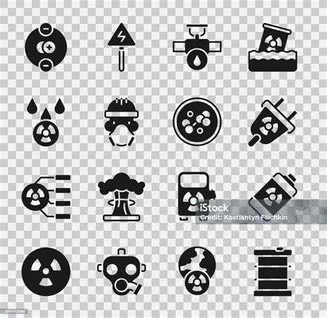 배럴 원자력 에너지 배터리 방사선 전기 플러그 산업 파이프 및 밸브 원자로 작업자 산성 비 방사성 구름 원자 및 분자 아이콘에