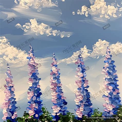 Ai创作图花信子插画 蓝风铃 飞燕草背景 风铃草插画 立体画背景 仰望蓝天白云鲜花 蓝紫色花丛 飞燕草素材 手绘云装饰画 鲜花素材鲜花蓝天背景 蓝色梦幻花朵 蓝天白云花朵 紫色花簇油画 蓝风铃