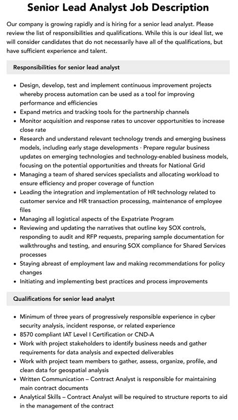 Senior Lead Analyst Job Description Velvet Jobs Senior Lead Analyst Job Description Velvet Jobs