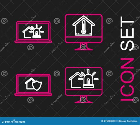 Set Line Computer Monitor With Smart House And Alarm Laptop Under Protection Temperature And