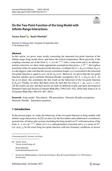 Pdf On The Two Point Function Of The Ising Model With Infinite Range Interactions