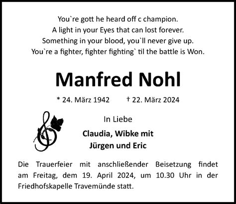 Traueranzeigen Von Manfred Nohl Trauer Anzeigende