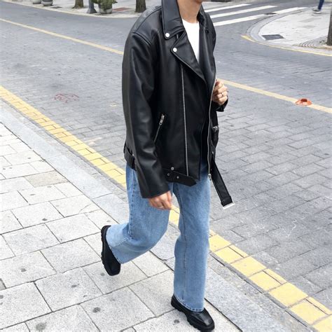 남자 오버핏 라이더 레더 가죽 자켓 더블 재킷 Cent