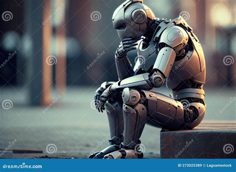 a humanoid robot sits contemplating on the side of a city street