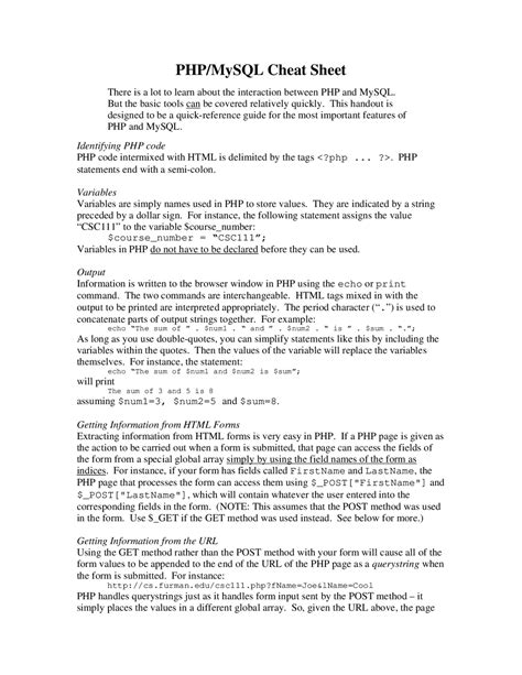 Phpmysql Cheat Sheet Cheat Sheet Programming Languages Docsity