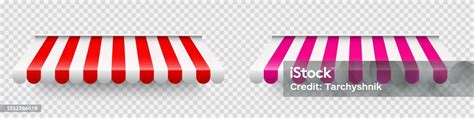 투명 한 배경에 빨간 상점 선쉐이드 사실적인 줄무늬 카페 차양 야외 시장 텐트 지붕 캐노피 여름 거리 상점 벡터 일러스트레이션