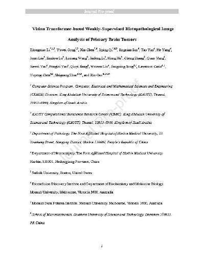 Vision Transformer Based Weakly Supervised Histopathological Image Analysis Of Primary Brain Tumors