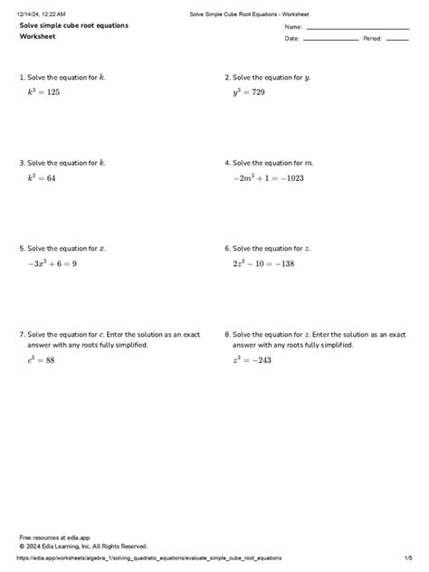 Solve Simple Cube Root Equations Worksheet Pdf Equations