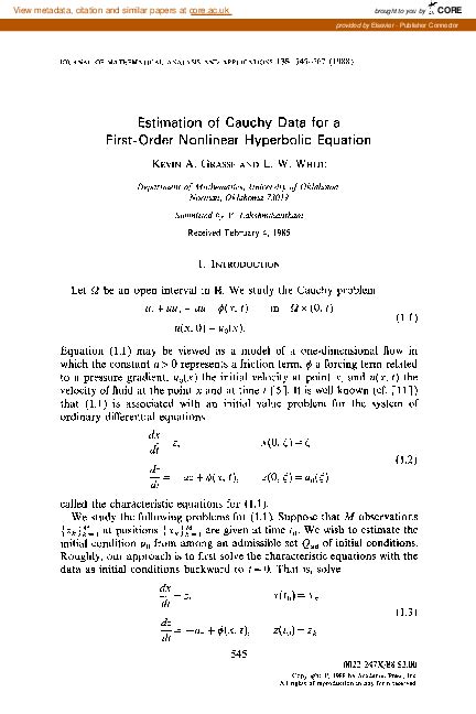 Pdf Estimation Of Cauchy Data For A First Order Nonlinear Hyperbolic