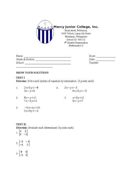 Math 8 4th Quarter Exam Exams Name