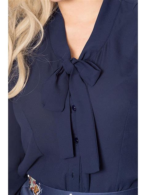 Banned Retro 1950s Perfect Pussy Bow Vintage Bell Sleeve Blouse Navy