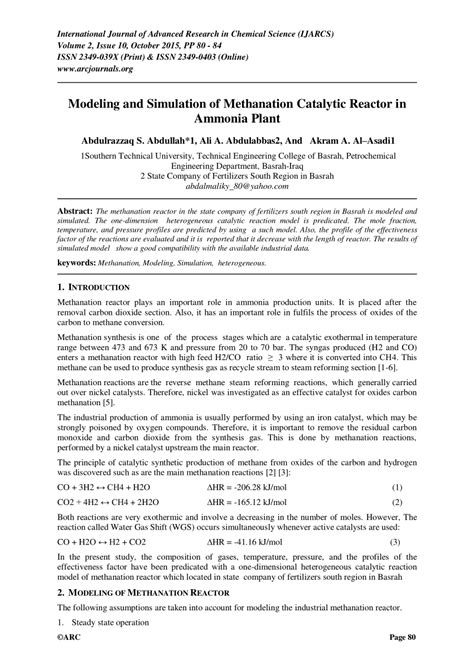 Pdf Modeling And Simulation Of Methanation Catalytic Reactor In Ammonia Unit