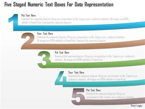 Five Staged Numeric Text Boxes For Data Representation Powerpoint Template Templates