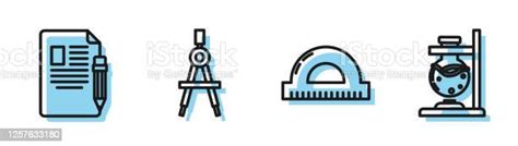 지우개 드로잉 나침반 및 유리 테스트 튜브 플라스크를 측정하기 위한 라인 Pro트랙터 그리드를 화재 아이콘에 표시합니다 벡터