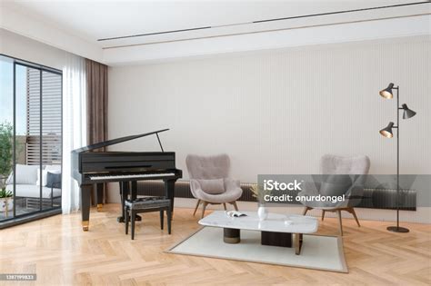 그랜드 피아노 벨벳 안락의자 커피 테이블이 있는 현대적인 거실 인테리어 가정 생활에 대한 스톡 사진 및 기타 이미지 가정