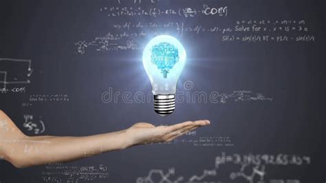 Animation Of Mathematical Data Processing Over Lightbulb With Human Brain And Caucasian Woman