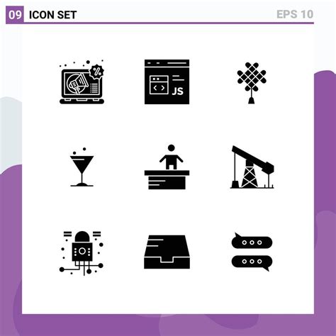 User Interface Pack Of 9 Basic Solid Glyphs Of Desk Water Js Drink Decoration Editable Vector