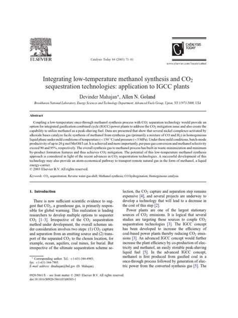 Pdf Integrating Low Temp Methanol Synthesis And Co2 Sequestration Technologies Dokumen Tips