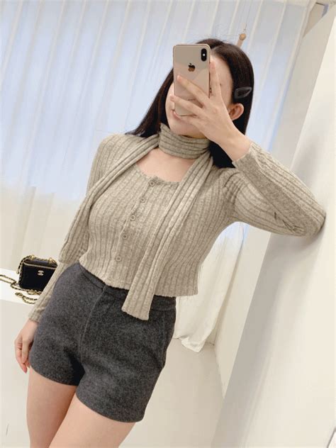 고퀄 [비침x] 골지 보카시 기모 니트 가디건 머플러 세트 4color 에이블리