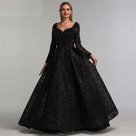 V Neck Sexy Flowers Beading Long Sleeves Evening Gowns Power Day Sale