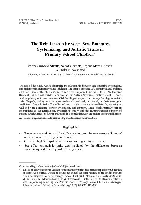 Pdf The Relationship Between Sex Empathy Systemizing And Autistic