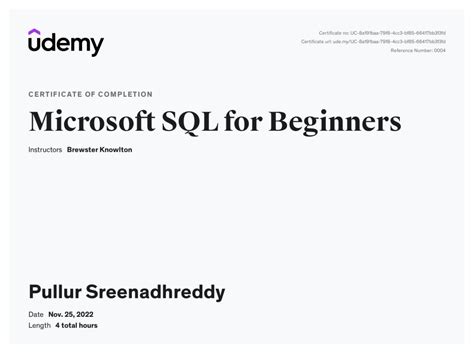 Sql Certificate Database Achievement Learningjourney Pullur Sreenadh Reddy