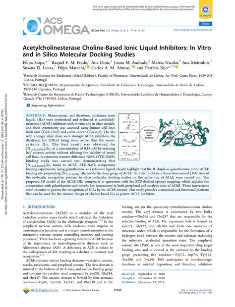 Pdf Acetylcholinesterase Choline Based Ionic Liquid Inhibitors In Vitro And In Silico