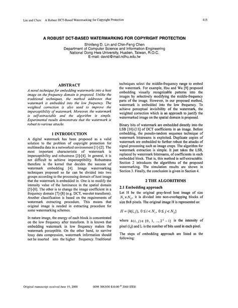 Pdf A Robust Dct Based Watermarking For Copyright Protection