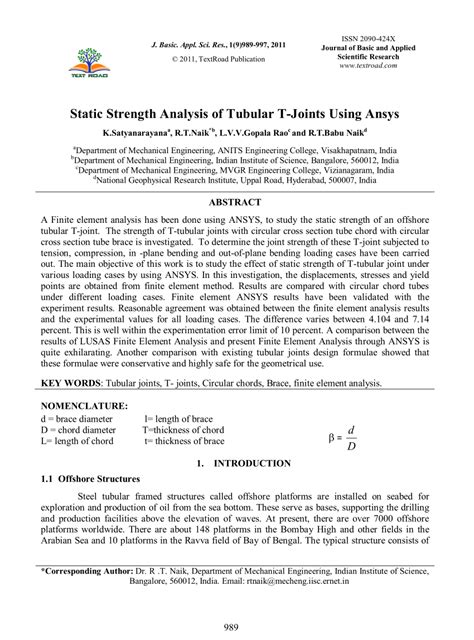 Pdf Static Strength Analysis Of Tubular T Joints Using Ansys