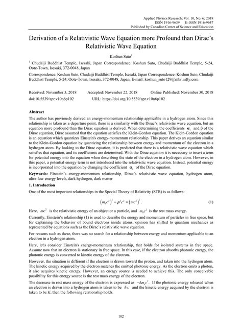 Pdf Derivation Of A Relativistic Wave Equation More Profound Than