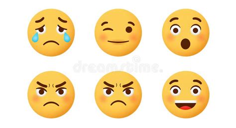Collection Of Six Yellow Emoji Faces Expressing Various Emotions Stock