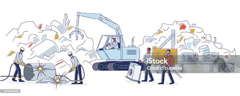 스크랩 금속 개념 작업장은 폐차장에서 일하고 고철 더미를 분류합니다 사람들은 오래된 금속 물건 깨진 기술을 재활용 공장에