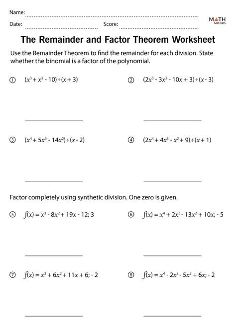 Factor Theorem Worksheets Math Monks