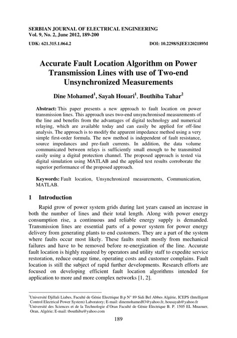 Pdf Accurate Fault Location Algorithm On Power Transmission Lines With Use Of Two End